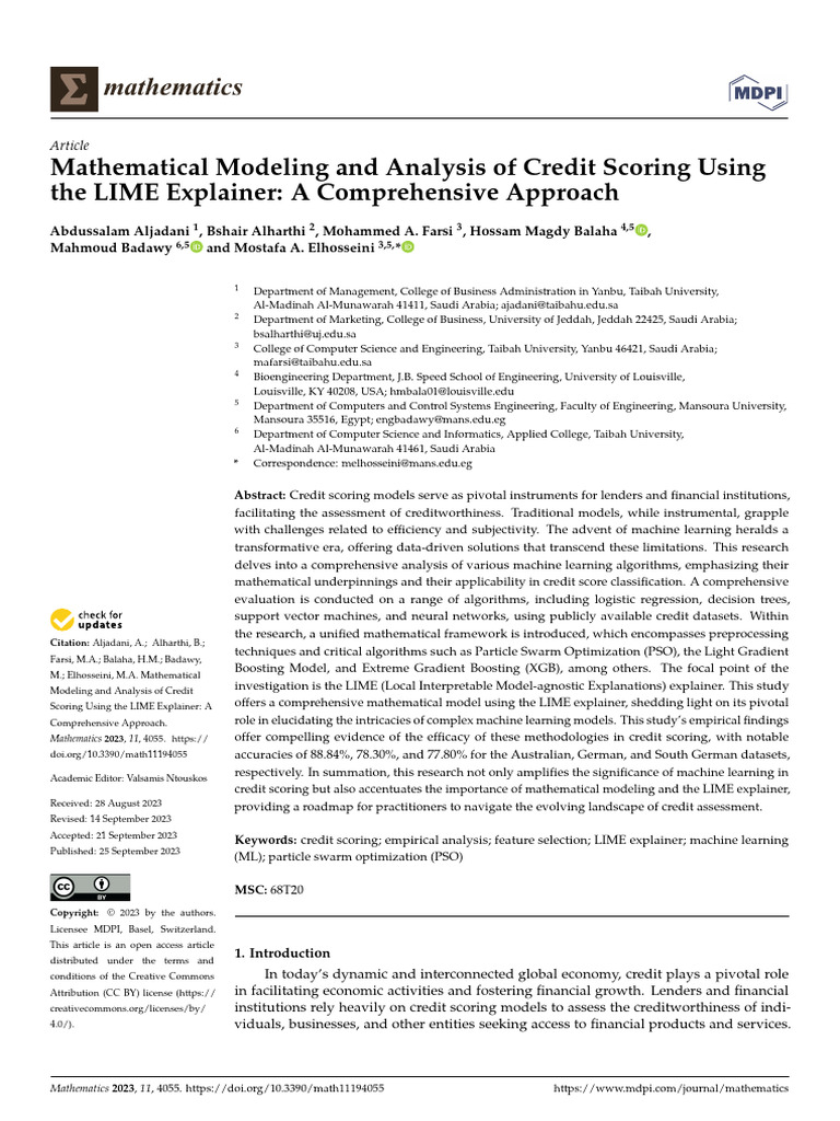 Mathematical Modeling and Analysis of Credit Scori | PDF | Machine Learning | Statistical ...
