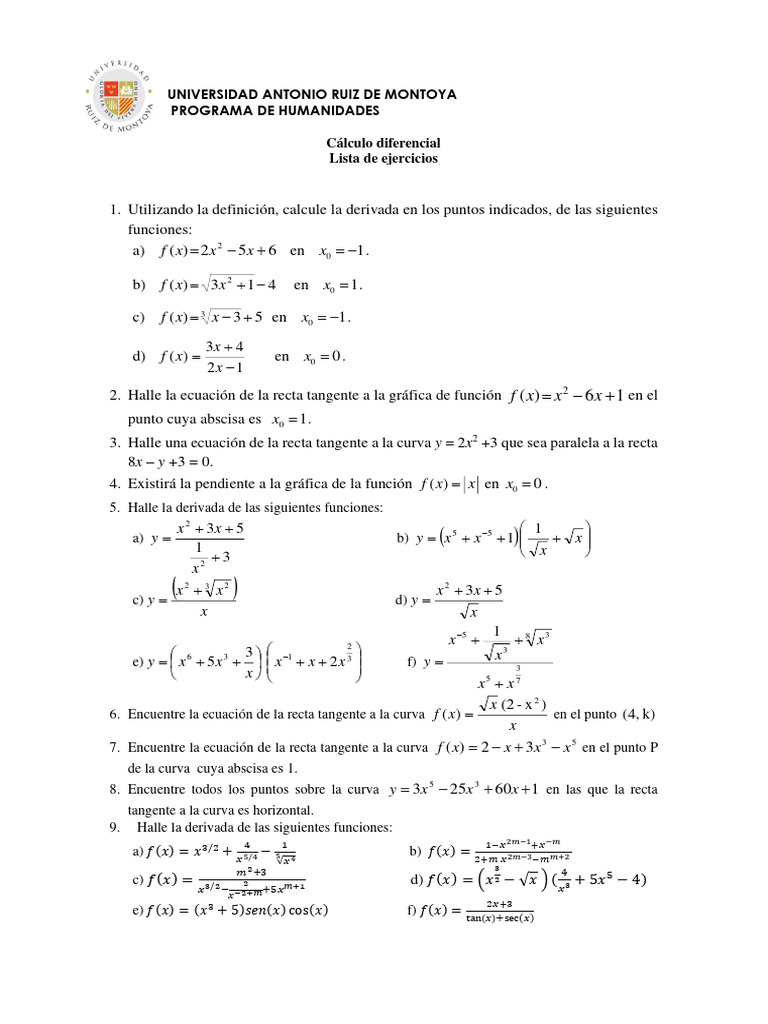 Lista de Ejercicios 1-Final | PDF | Línea (geometría) | Derivado