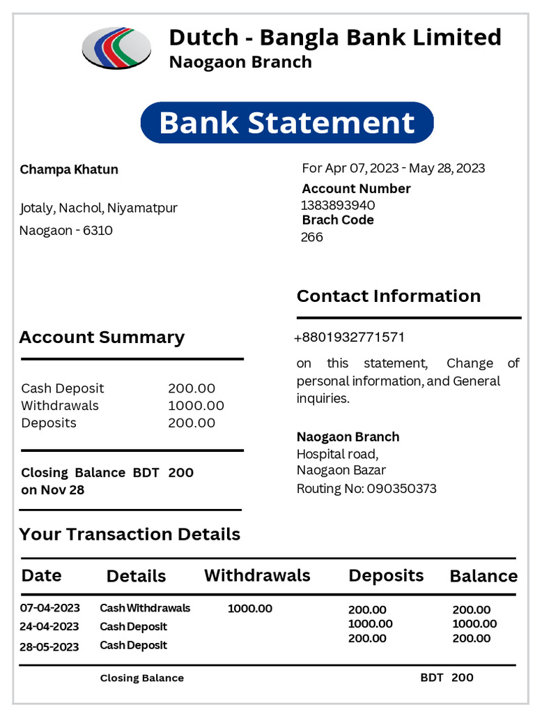 Dutch Bangla Bank Statement | PDF