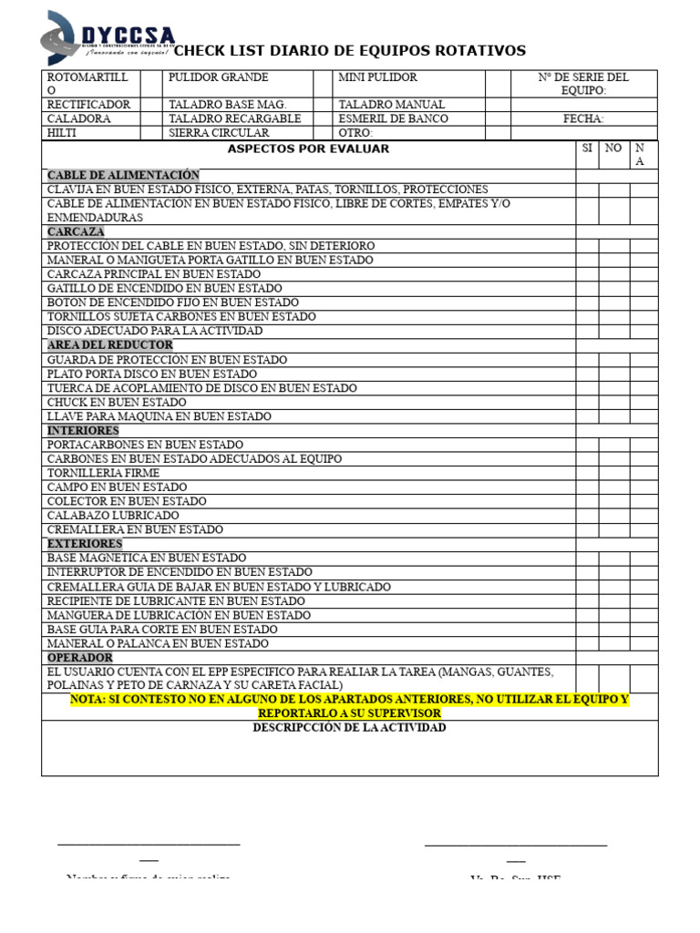 Checklist Diario de Equipos Rotativos | PDF