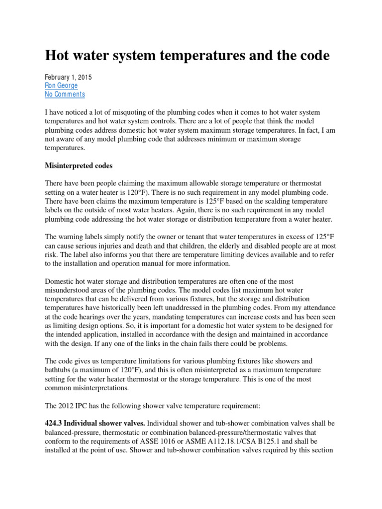 Temperatures HW and The Code | PDF | Water Heating | Thermostat