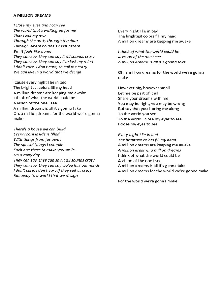 A Million Dreams Lyrics PDF | PDF