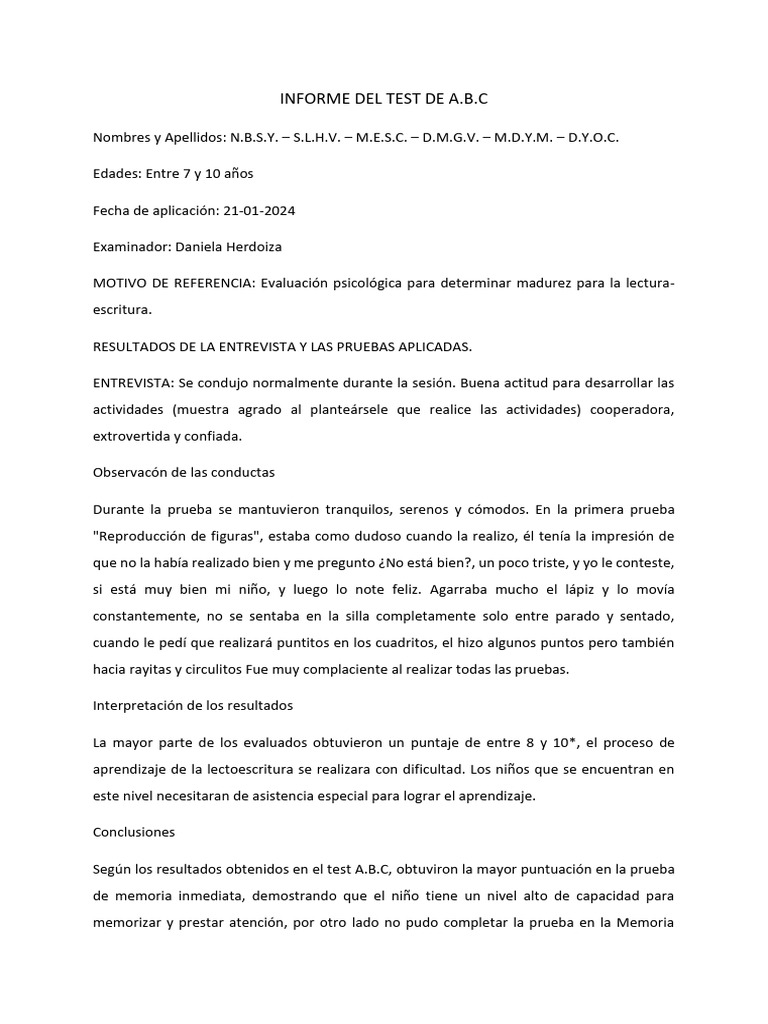 Informe del Test A.B.C. para Lectoescritura | PDF
