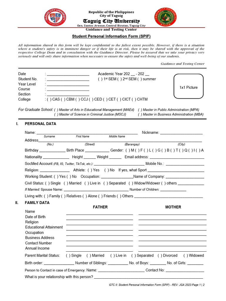 Student Personal Information Form SPIF | PDF | Behavioural Sciences ...