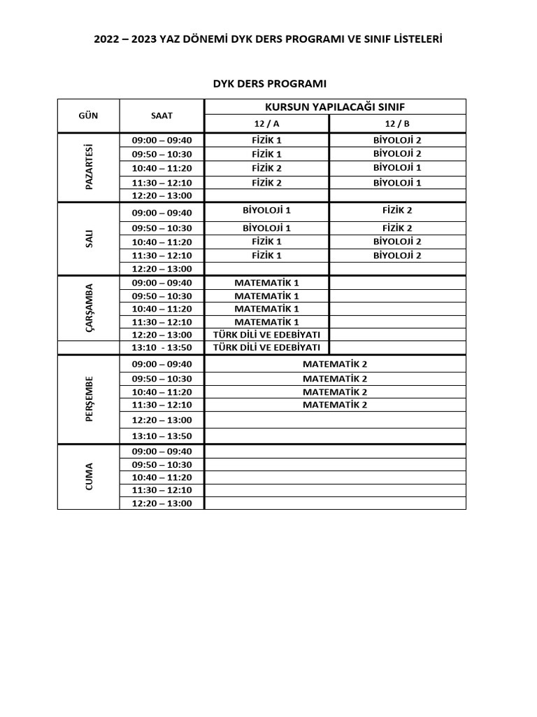 Dyk Yaz 2022-2023 Sinif Li̇stesi̇ Ve Ders Programi | PDF