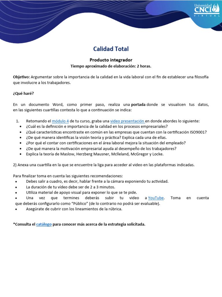 Calidad Total: Producto Integrador | PDF