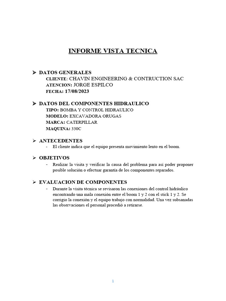 Informe Visita Tecnica Chavin 330c 17.08.2023 | PDF