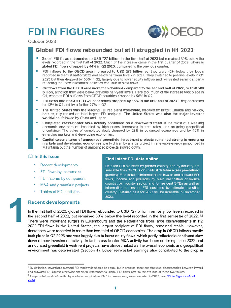 FDI in Figures October 2023 | PDF | Foreign Direct Investment | Mergers ...