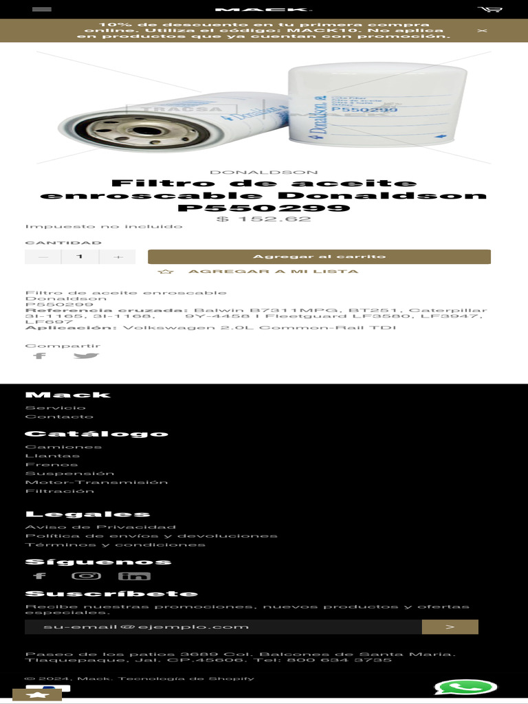 Filtro de Aceite Enroscable Donaldson P550299 - Mack | PDF