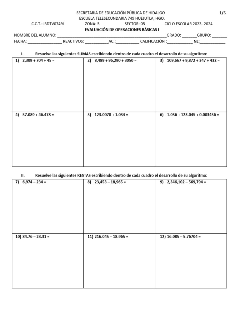 1 Diagnostico Operaciones Basicas Rev 4 | PDF | Matemática Elemental | Álgebra abstracta