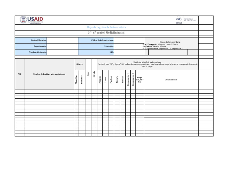 ? Hoja de Registro de Lectoescritura - 3.° A 6.° | PDF