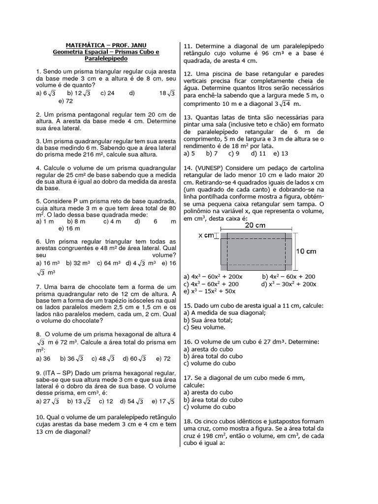 Volume e Área de Prismas e Cubos | PDF | Matemática elementar ...
