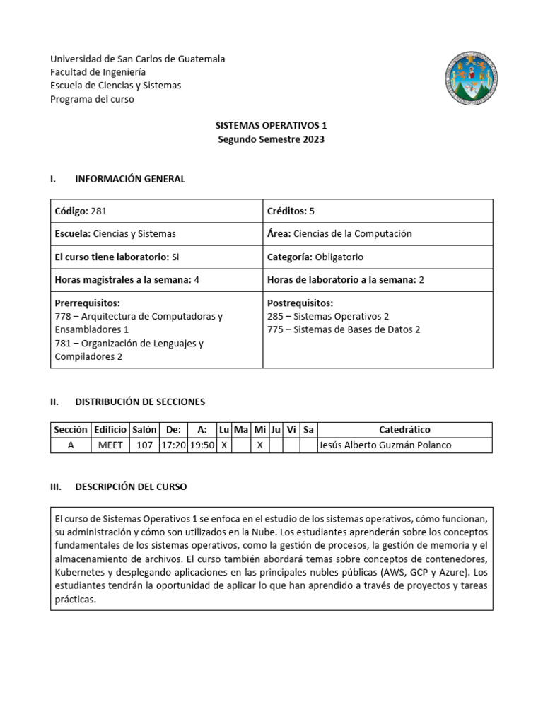 281 SO1 Programa S2 2023 | PDF | Computación en la nube | Sistema operativo