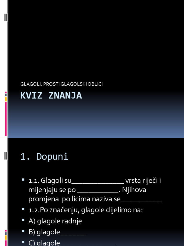 KVIZ ZNANJA Glagoli | PDF
