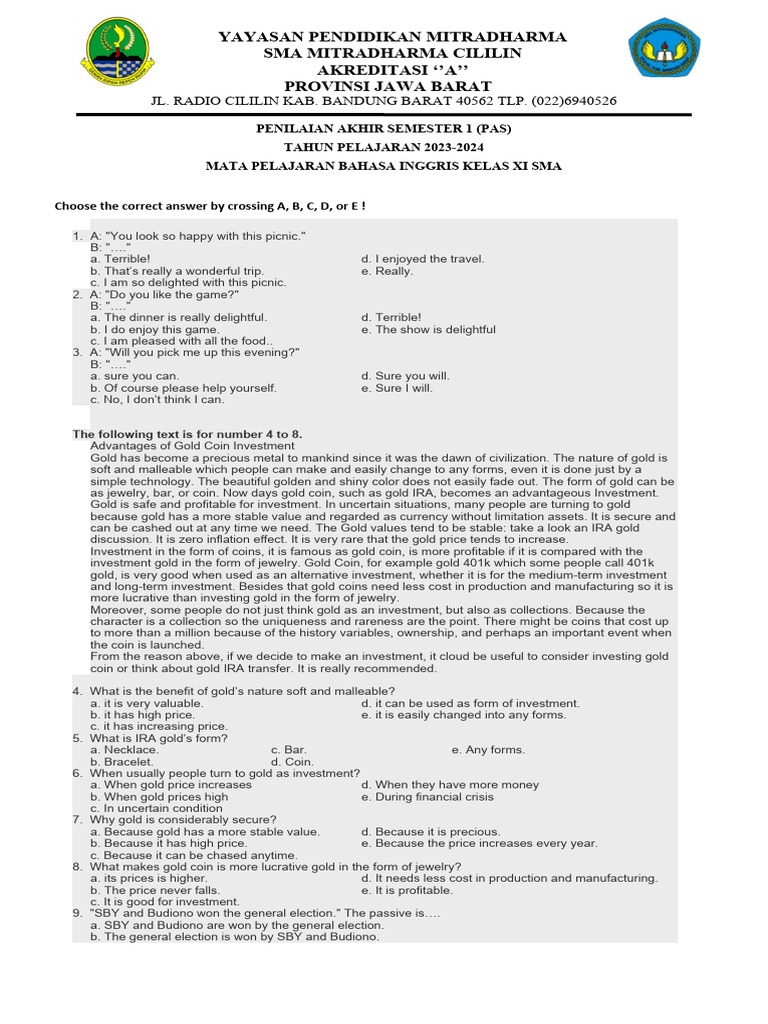 Pas English 1 Xi Sma 23-24 | PDF | Gold As An Investment | Tobacco Smoking