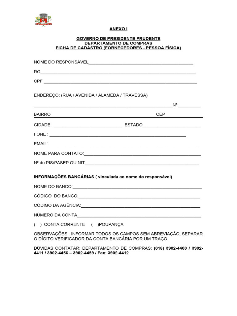 Anexo I - Ficha Cadastral - Pessoa Física | PDF