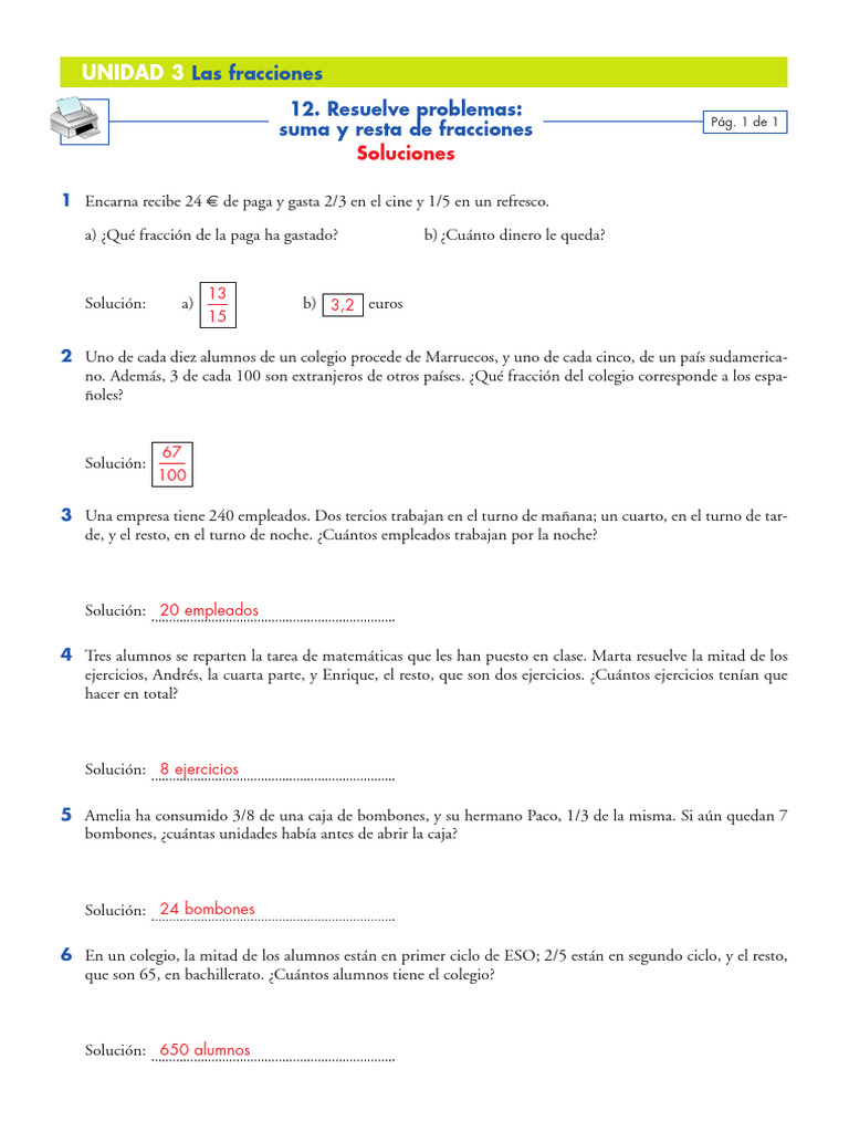 Fracciones Problemas Sumas Sol | PDF