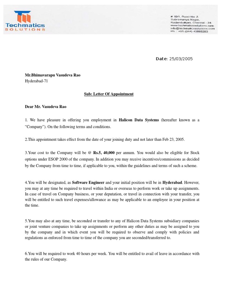 Vasu Group Appointment Letter | PDF | Employee Benefits | Employment