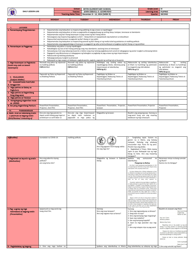 DLL Filipino4 Q2 W9 | PDF