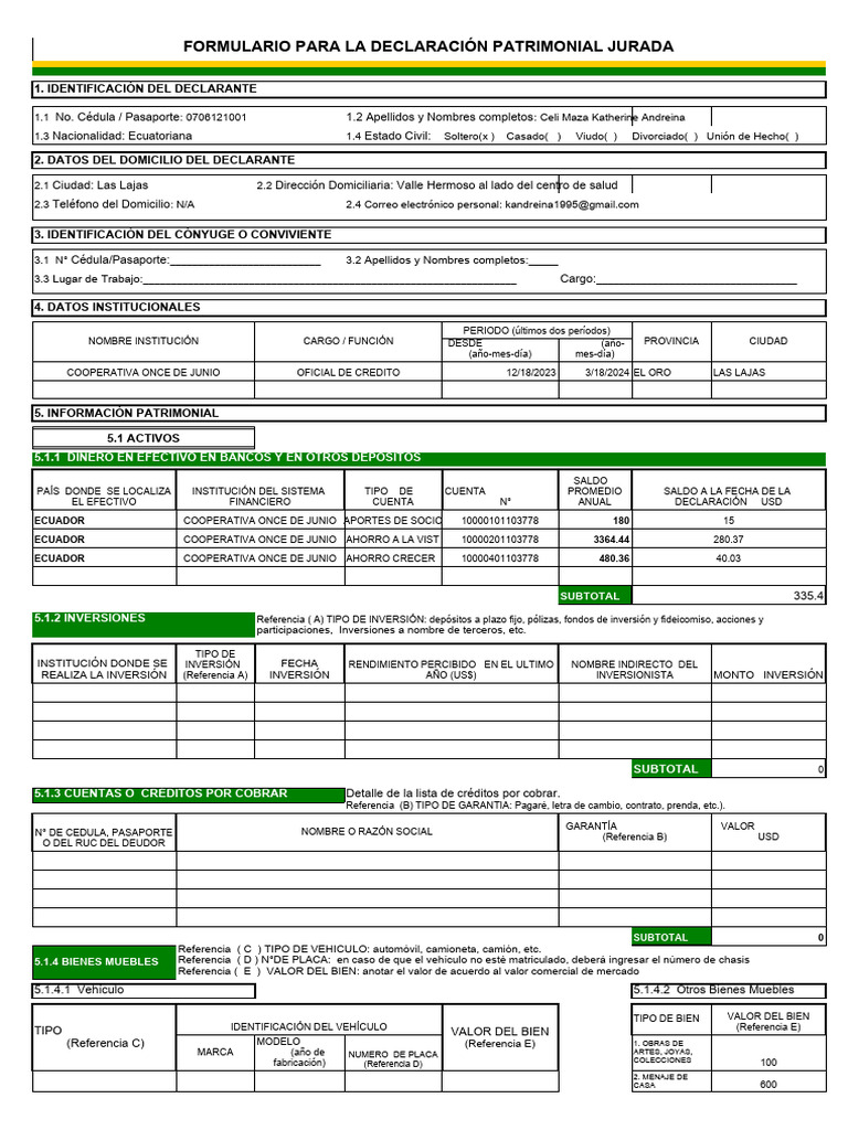 Formulario de Declaración Patrimonial Jurada | PDF | Crédito | Finanzas ...