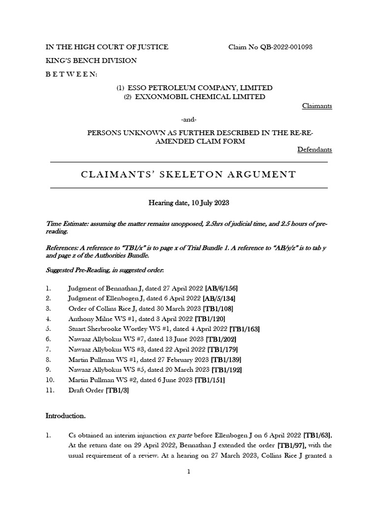 Skeleton Argument - Esso Terminals | PDF | Breach Of Contract | Injunction