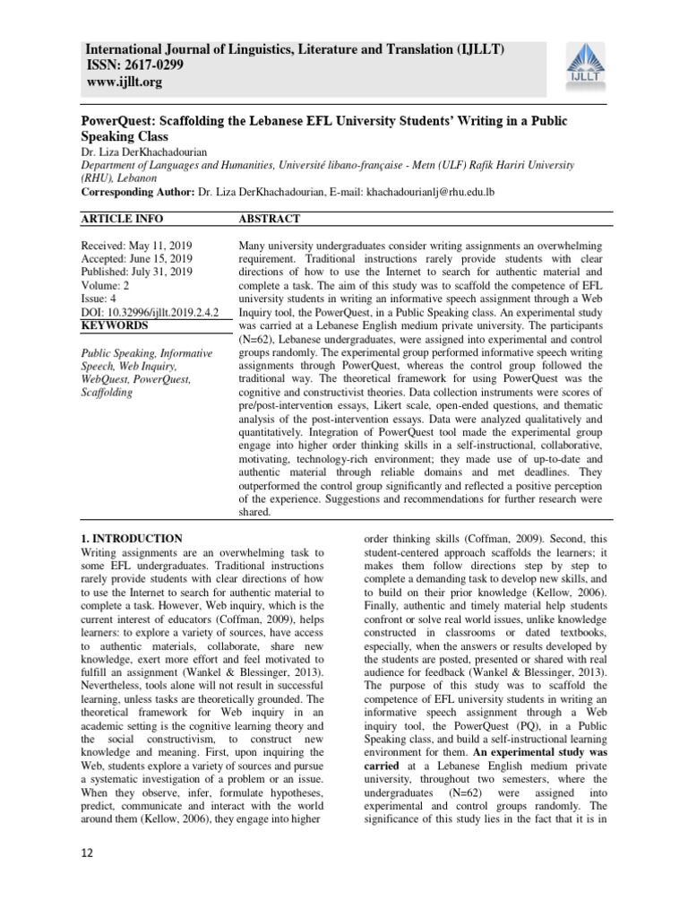 PowerQuest Scaffolding The Lebanese EFL University Students' Writing in A Public | PDF ...