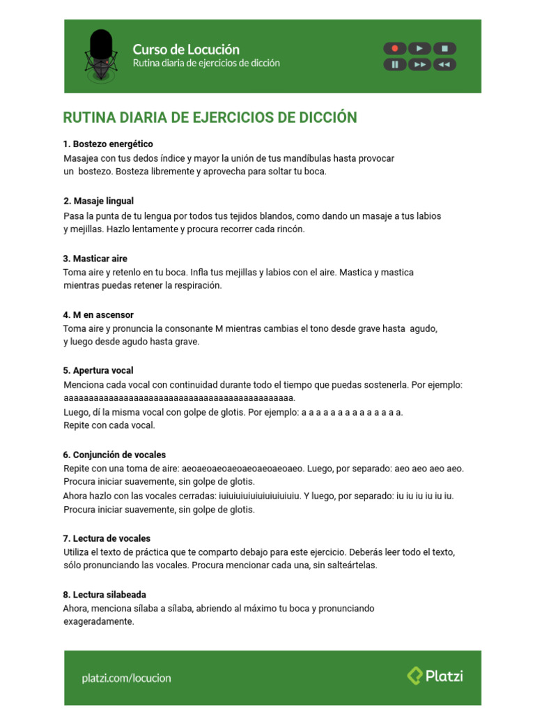 Rutina diaria de ejercicios de diccion | PDF | Aprendizaje | Vocal