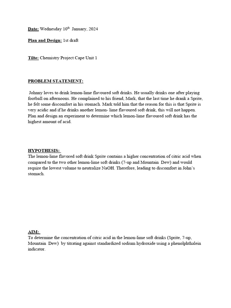 CHEMISTRY PLAN AND DESIGN - 1st Draft | PDF | Titration | Chemistry