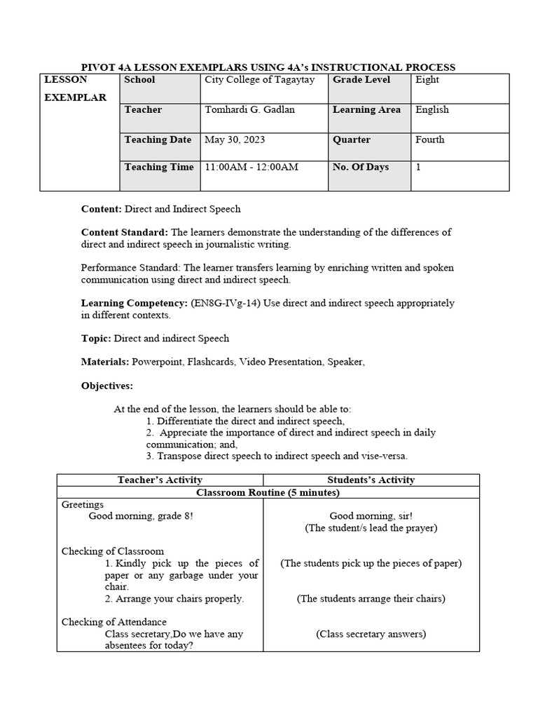 Pivot 4a Lesson Exemplars Using 4a | PDF | Learning | Teachers
