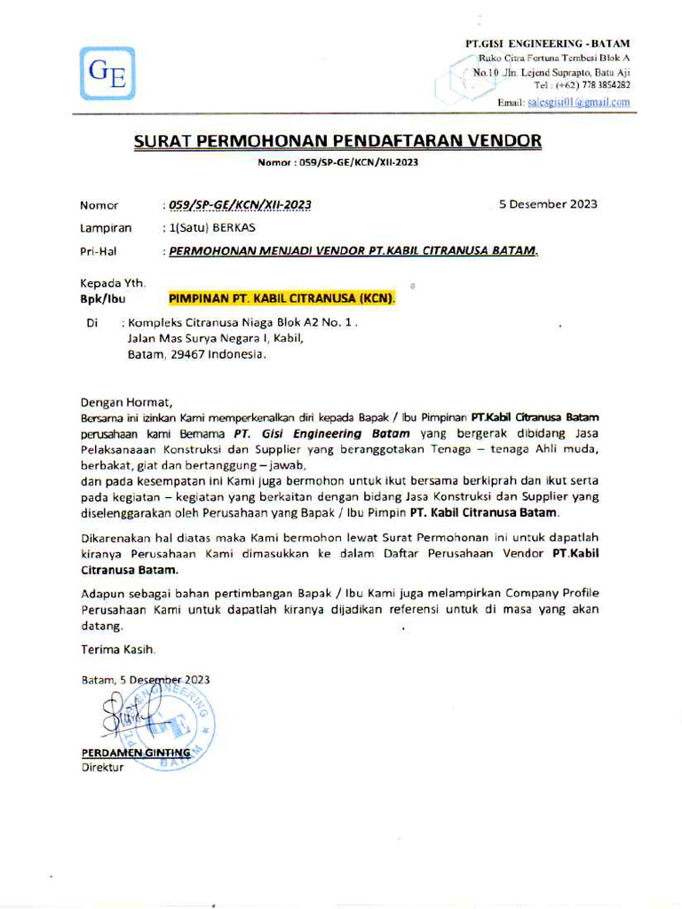 Surat Permohonan Vendor. | PDF