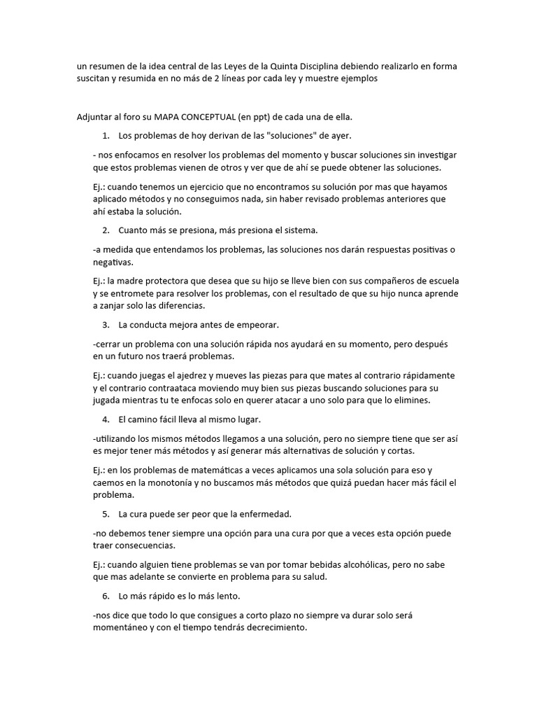 un resumen de la idea central de las Leyes de la Quinta Disciplina ...