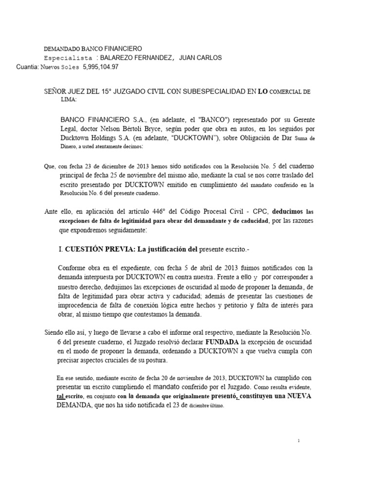Escrito de Excepciones | PDF | Demanda judicial | Ley procesal