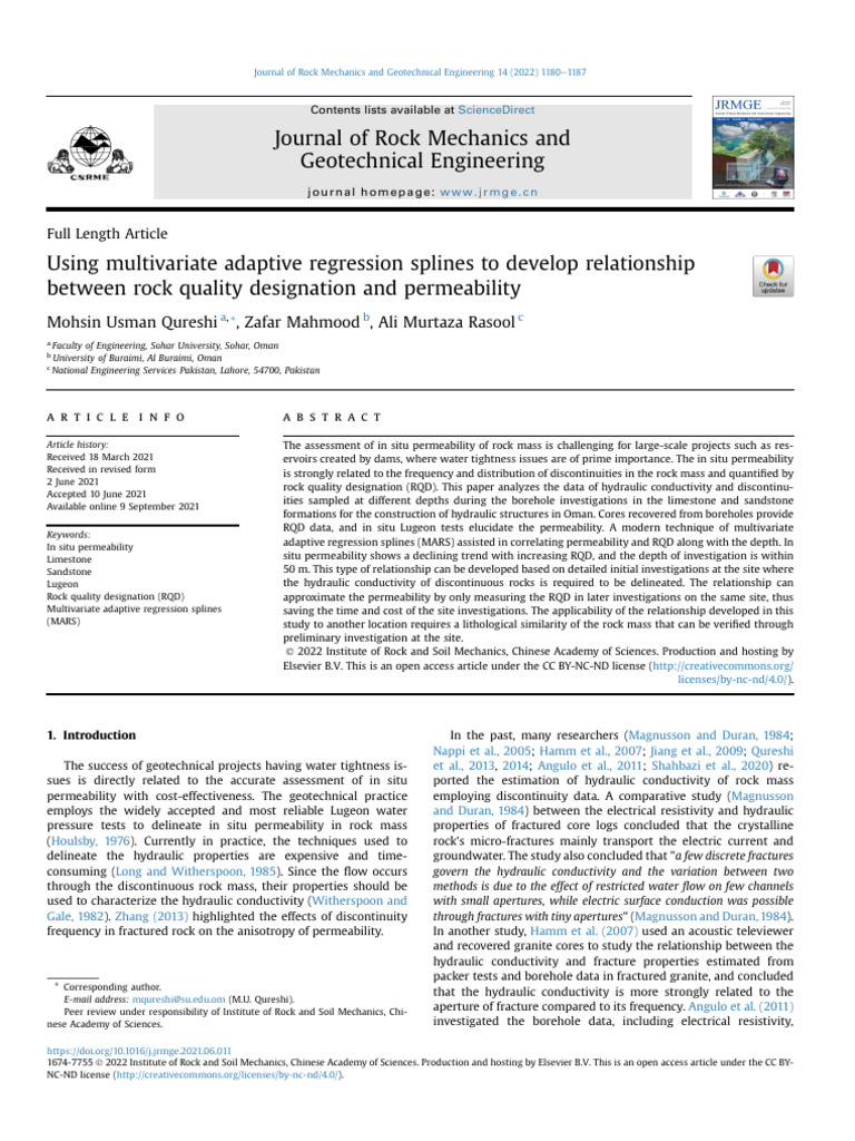 Using Multivariate Adaptive Regression Splines To Develop Relationship BTW RQD and K | PDF ...