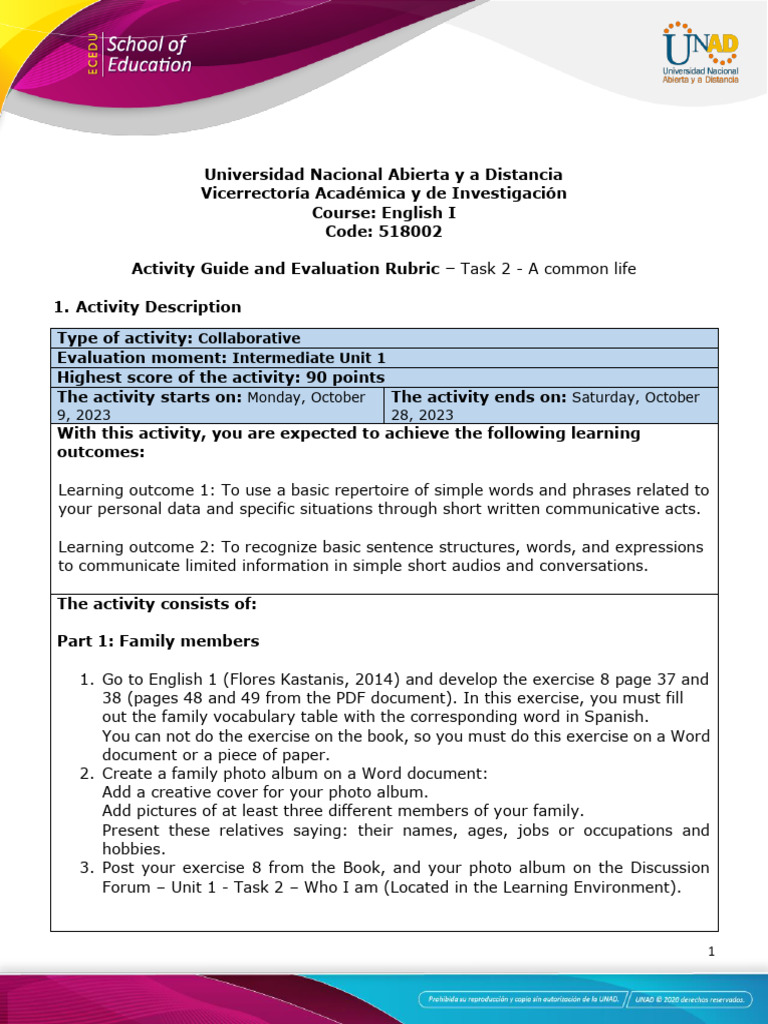 Activity Guide And Evaluation Rubric Unit 1 Task 2 A Common Life Pdf Vocabulary