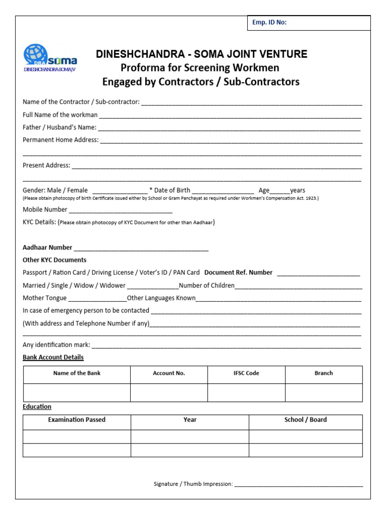 Workmen Screening Form | PDF | Identity Document | Government