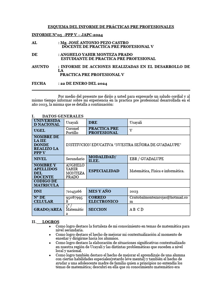 Esquema Del Informe de Prácticas Pre Profesionales Pppi | PDF | Aprendizaje