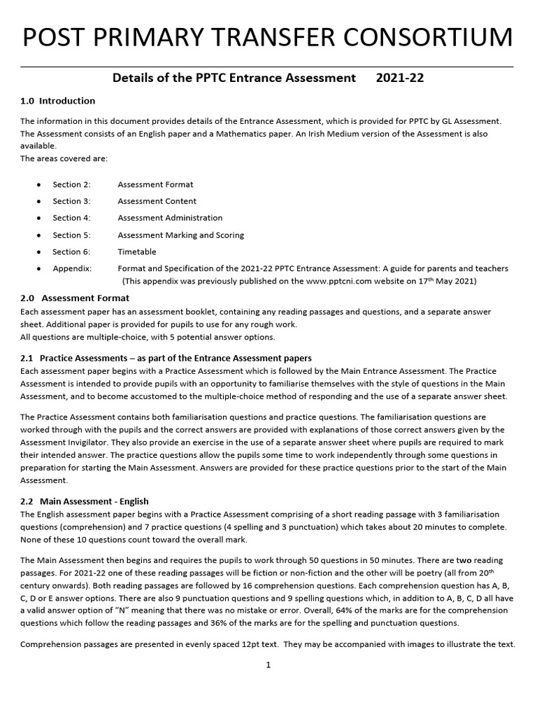Details of The PPTC Entrance Assessment 2021-22 Including Format and ...