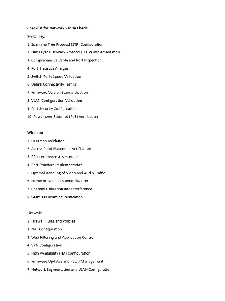 Checklist For Network Sanity Check | PDF