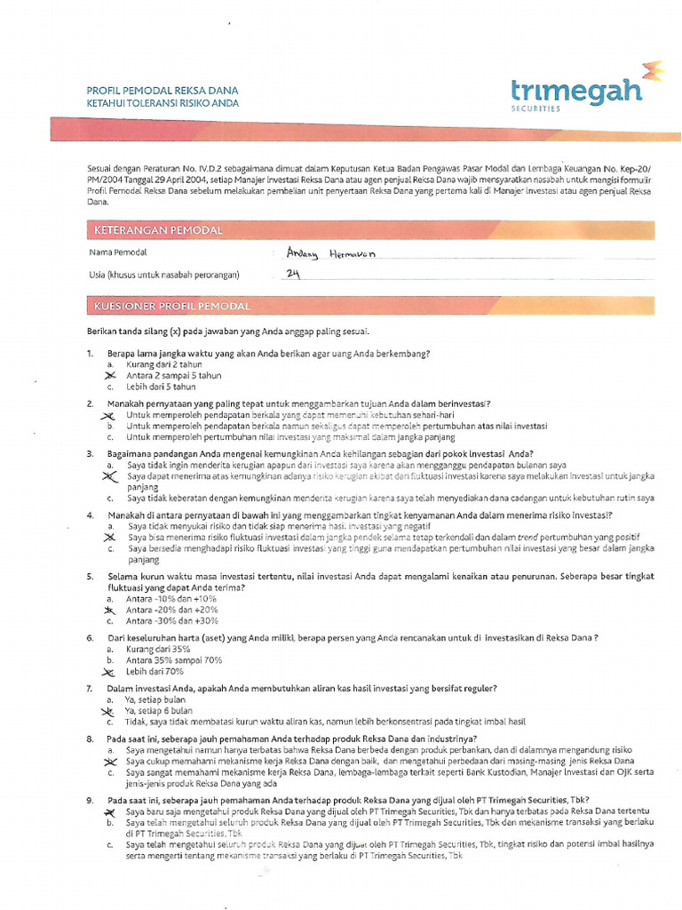 Formulir Risk Profile Reksadana | PDF