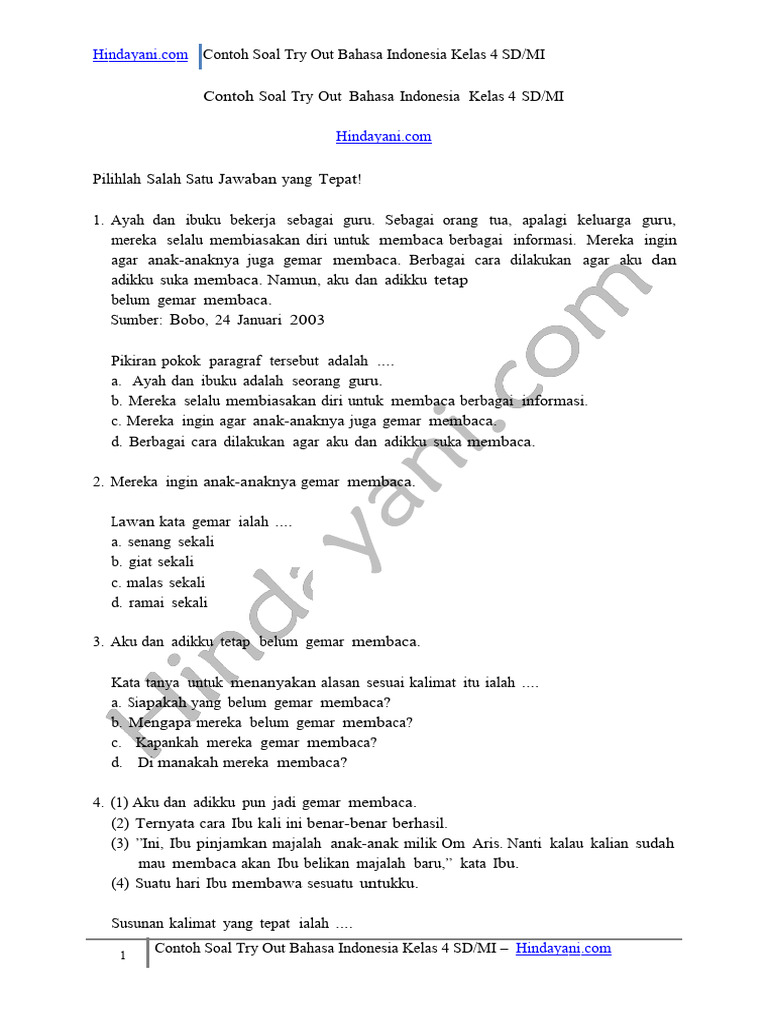 Contoh Soal Try Out Bahasa Indonesia Kelas 4 SD | PDF | Seni & Disiplin Bahasa