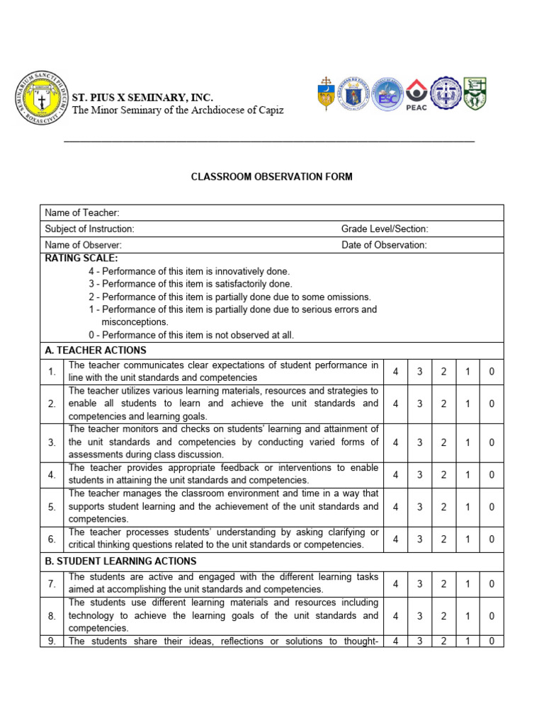 PEAC Classroom Observation Form | PDF | Teachers | Learning