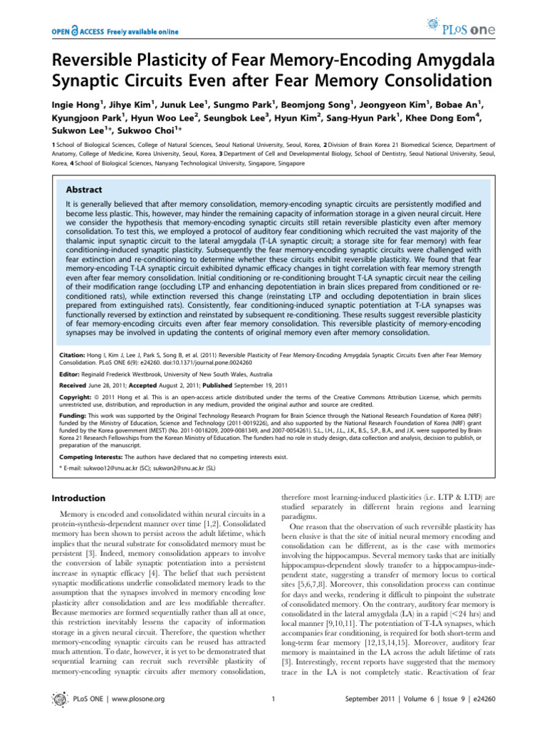 Reversible Plasticity of Fear Memory-Encoding Amygdala | PDF | Synaptic Plasticity | Long Term ...