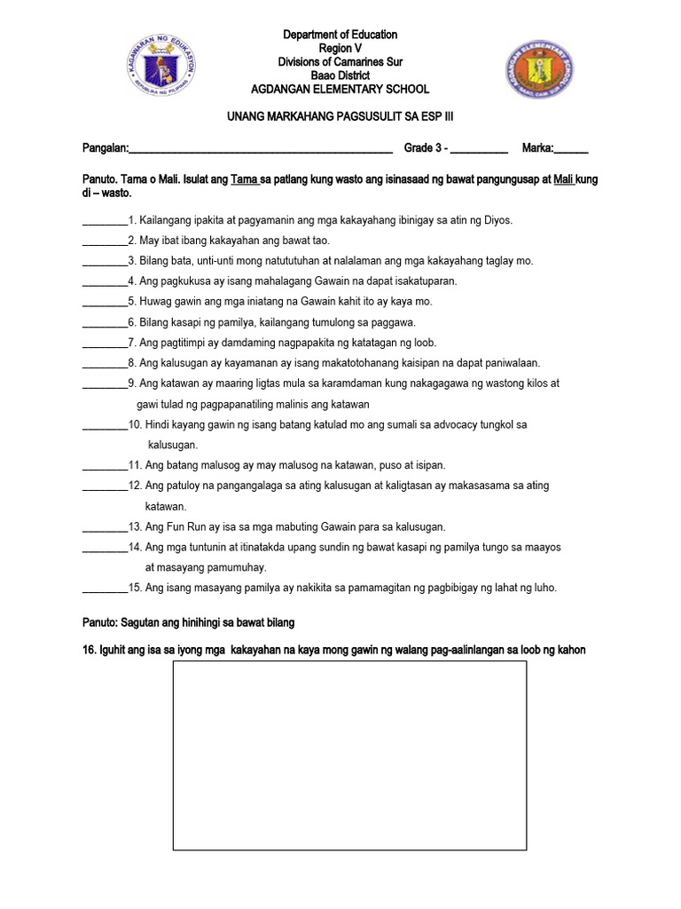 1ST Quarter Exam Esp 3 | PDF