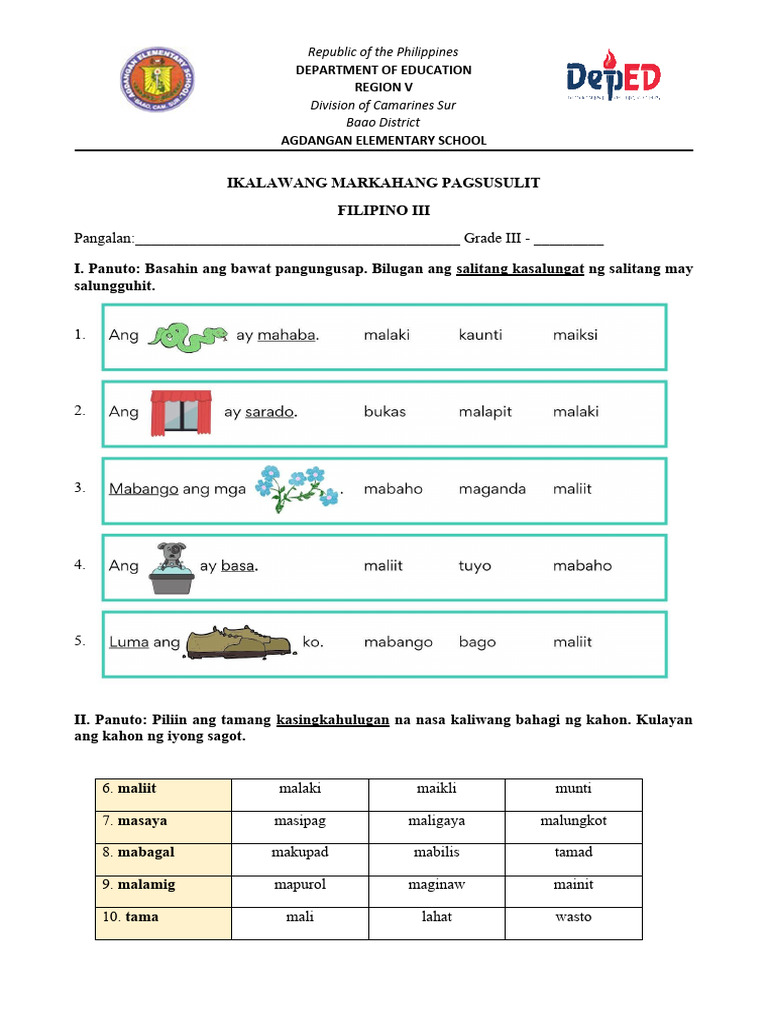 2ND Periodical Test - Filipino 3 | PDF