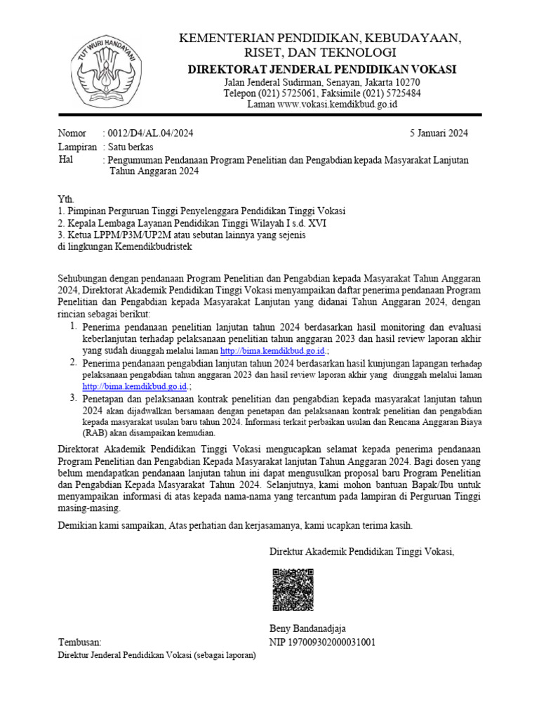 Pengumuman Pendanaan Program Penelitian Dan Pengabdian Kepada Masyarakat Lanjutan Tahun Anggaran ...