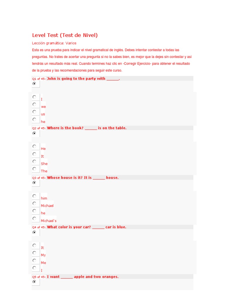 English Level Test Instructions | PDF