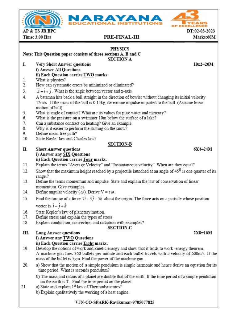 Intermidate First Year Ipe Physics Model Paper | PDF | Velocity | Force