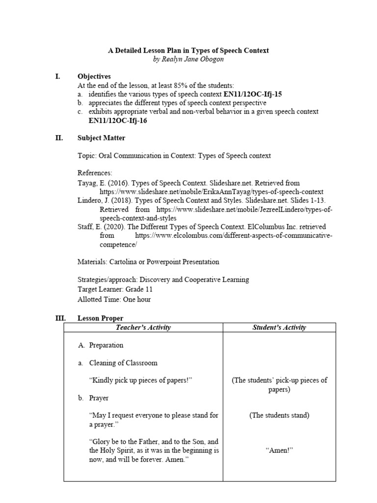 Types of Speech Context Lesson Plan | PDF | Communication | Lesson Plan