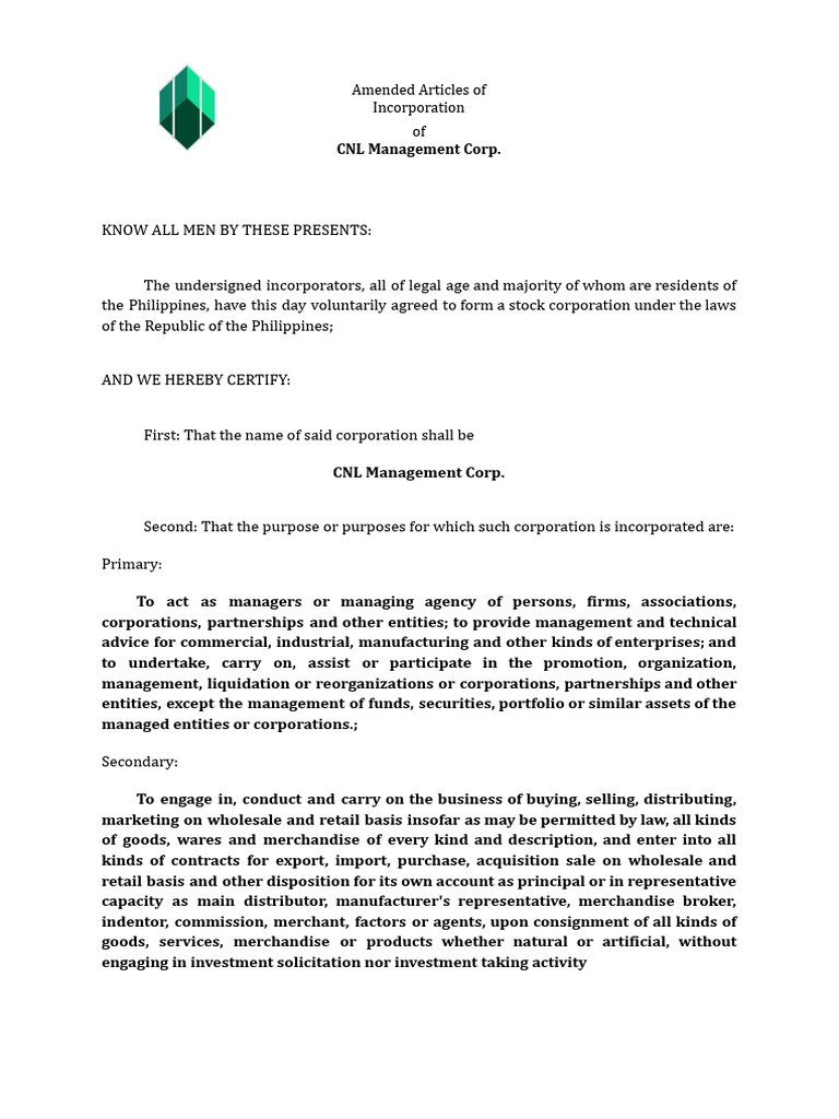 CNL Management Corp. Articles | PDF | Securities (Finance) | Corporations