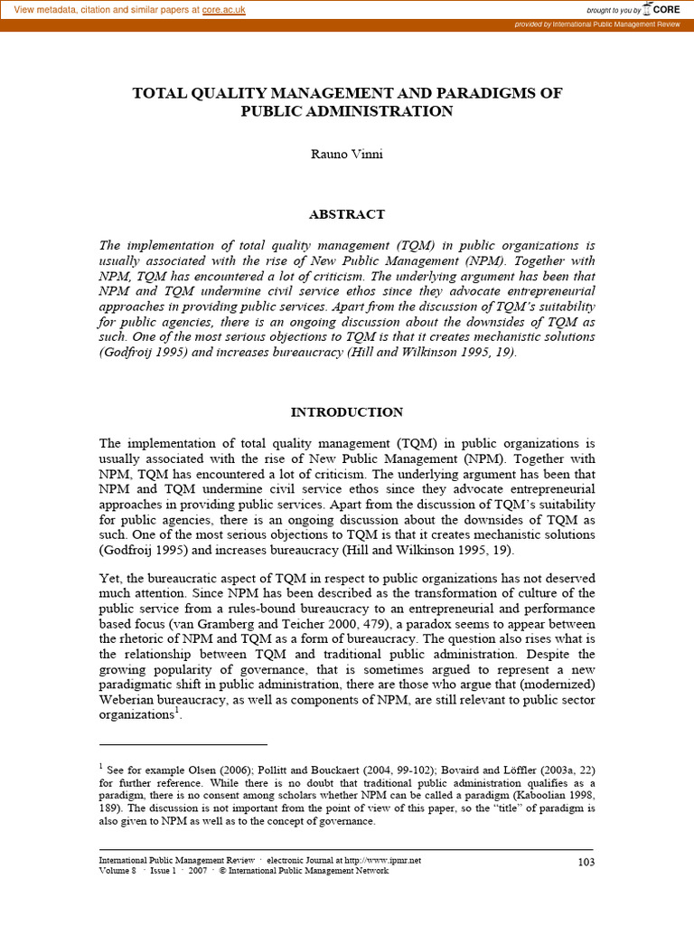 Total Quality Management and Paradigms of Public Administration | Download Free PDF ...